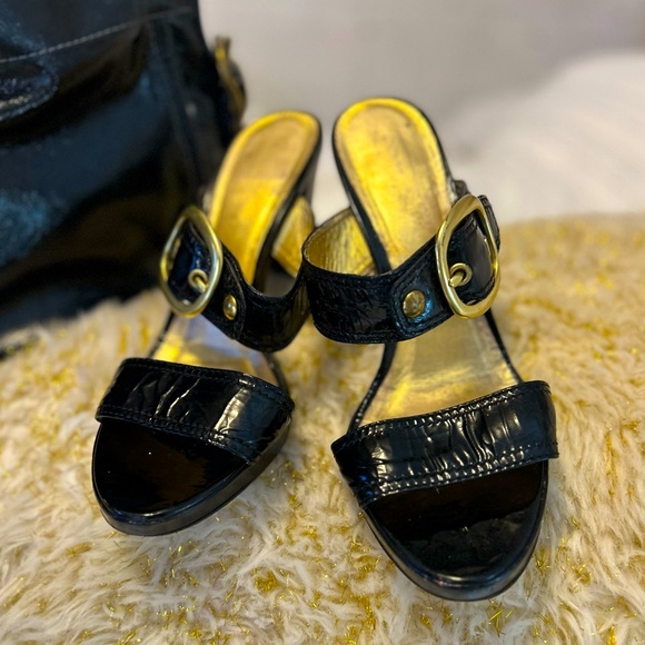 Coach | Shoes | Coach Black Patton Leather Strap Heels With Gold Trim ...